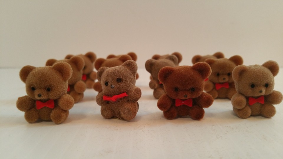Miniature Fuzzy (flocked) bears Brown with Bow Ties 10 | eBay