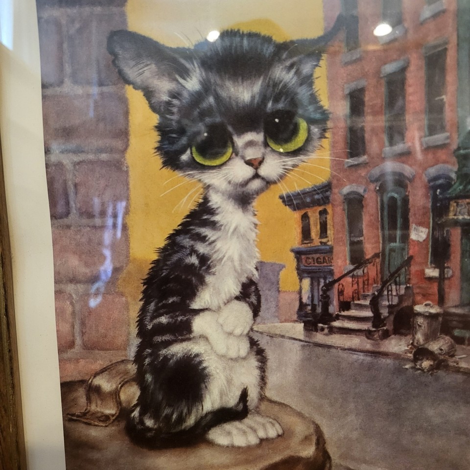 MCM VTG MARGARET KEANE PRINT SAD ALLEY CAT BIG EYES 1960's FRAMED GLASS ...