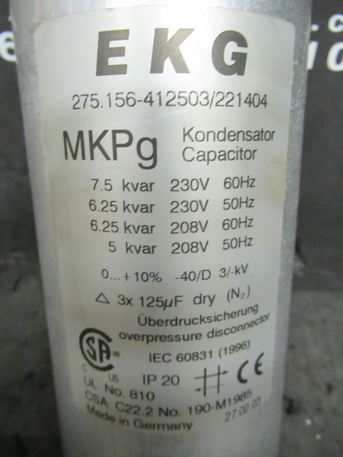 EKG MKPg KONDENSATOR CAPACITOR 7.5 KVAR @ 230 VAC 60 HZ 275.156-412503/ ...