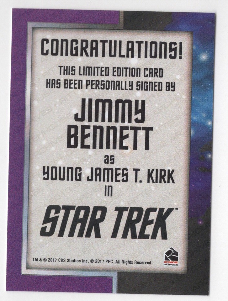 Jimmy Bennett as Young James T. Kirk STAR TREK Beyond Autograph Card ...