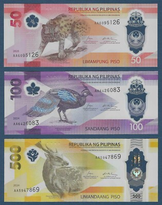 2024-25 New Polymer Prefix "AA" 50, 100, 500 Fauna Ser. Philippine ...