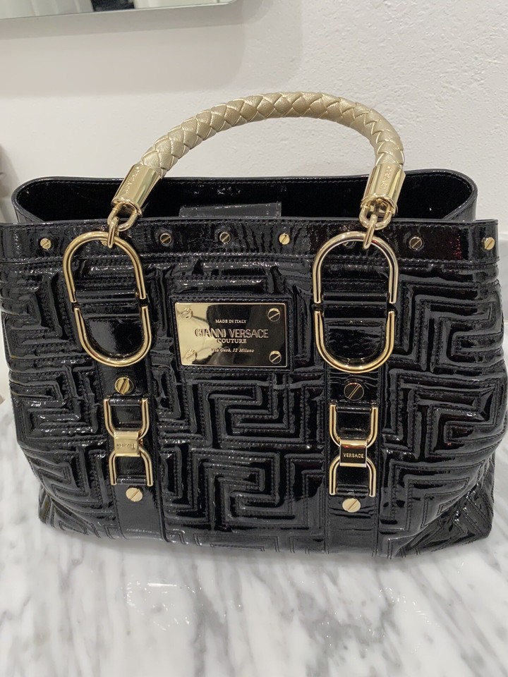 GIANNI VERSACE Couture Black Patent Leather Quilted Bag With Greek Key ...