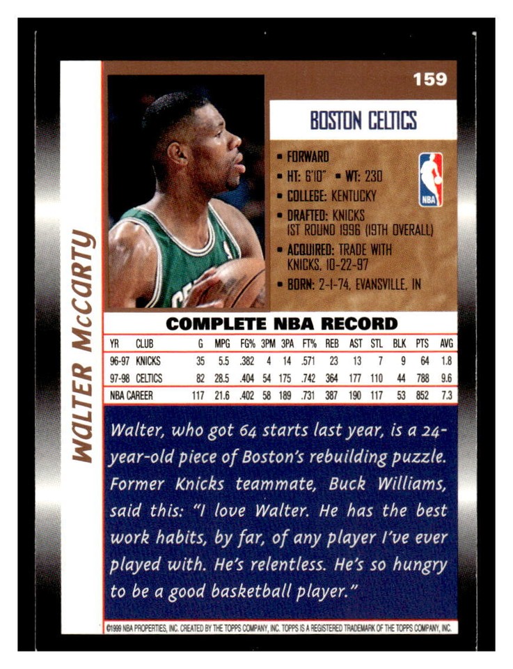 1998 Topps #159 Walter McCarty - Boston Celtics | eBay
