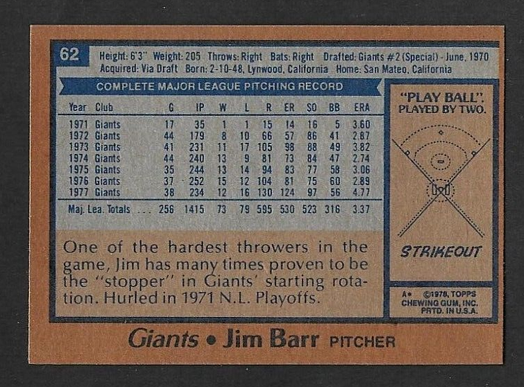 1978 Topps #62 Jim Barr, San Francisco Giants, NRMT, Sharp! | eBay
