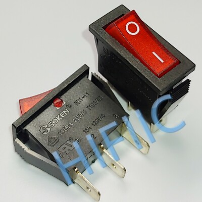 SOKEN RK1-11 Rocker Switch Red Lamp 16A 125/250VAC 3 Pins 2 Positions ...