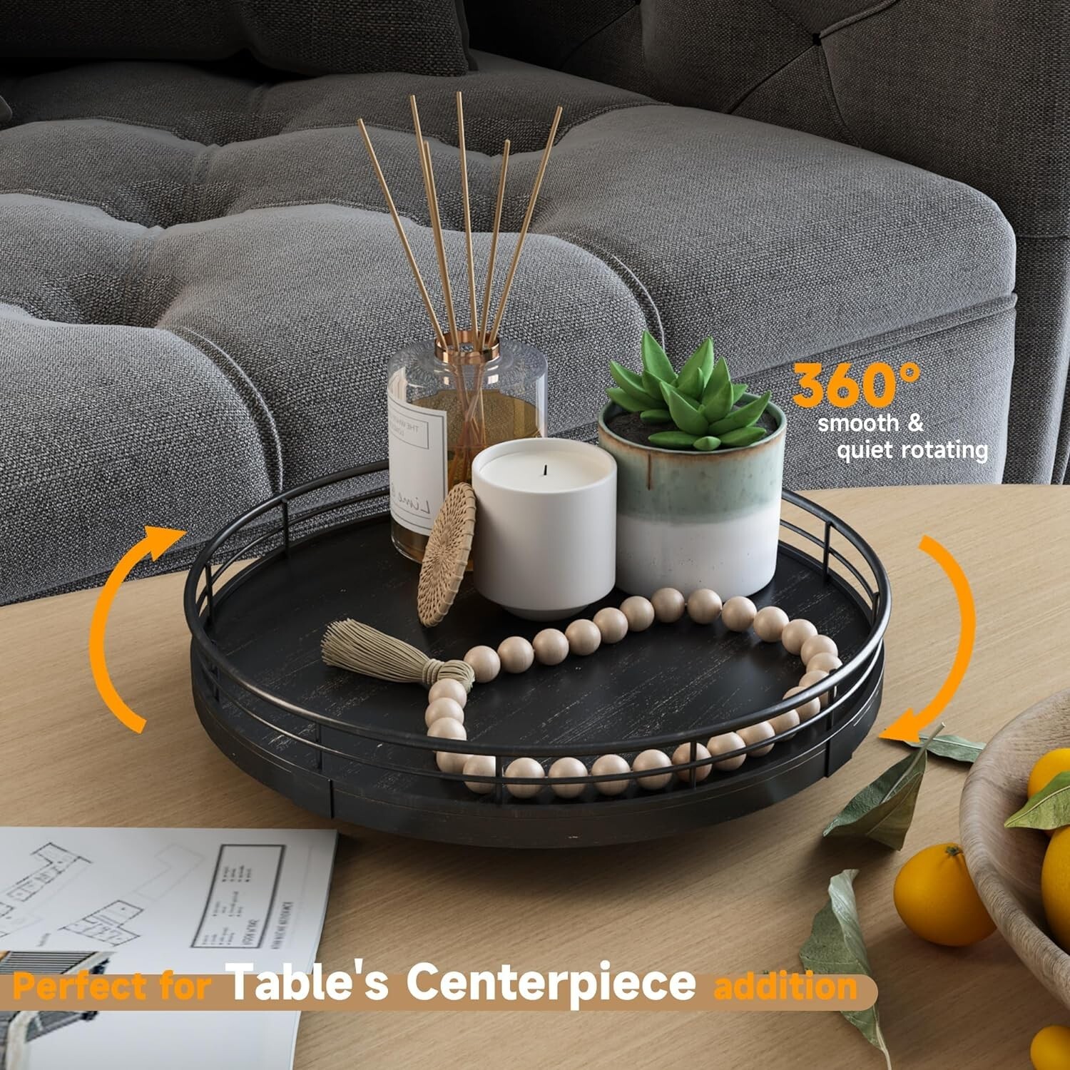 9" Oak Bathroom Vanity Tray Turntable for Perfume Candle, Round Wooden ...