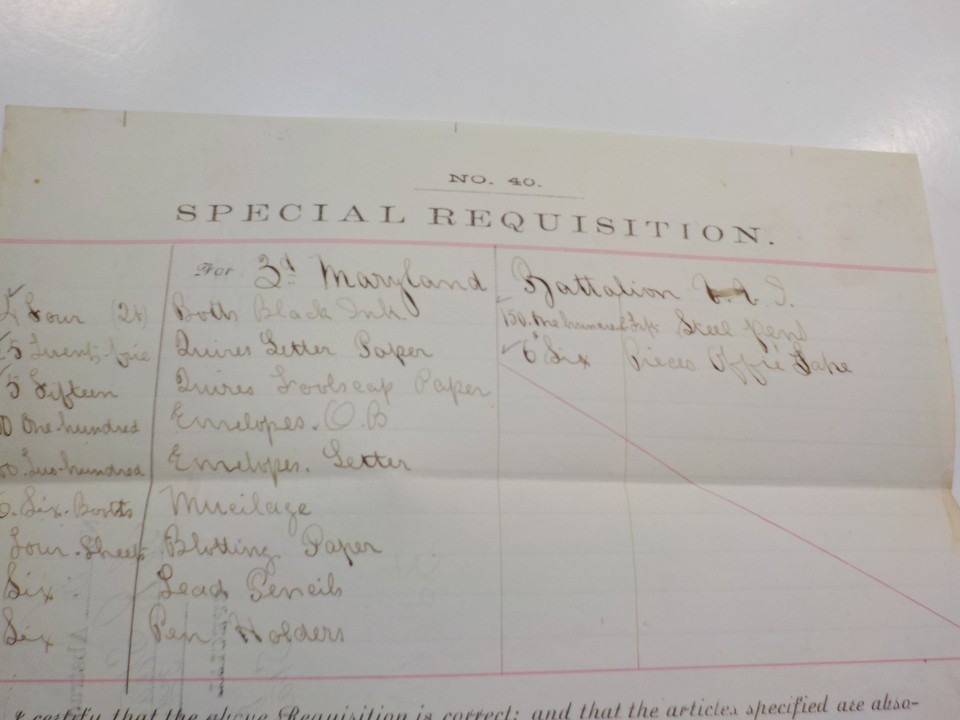 Civil War Document 1865 3rd Maryland Battalion Special Requisition ...