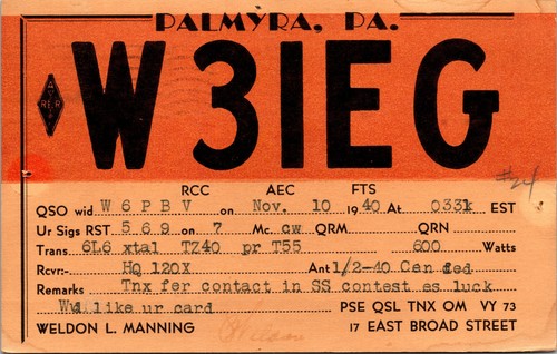 1940 W3IEG Weldon Manning Palmyra PA Ham Radio Amateur QSL Card ...