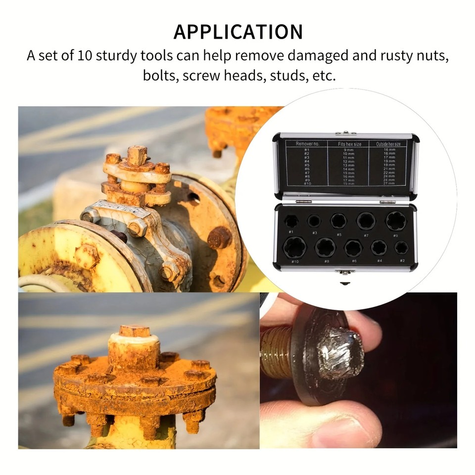 10PCS Bolt Nut Extractor Set Broken Screw Remover Tool Kit Anti-Slip ...