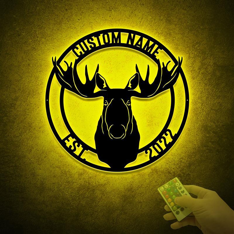 Personalized Moose Alternative Metal Wall Art LED Light, Moose Head ...