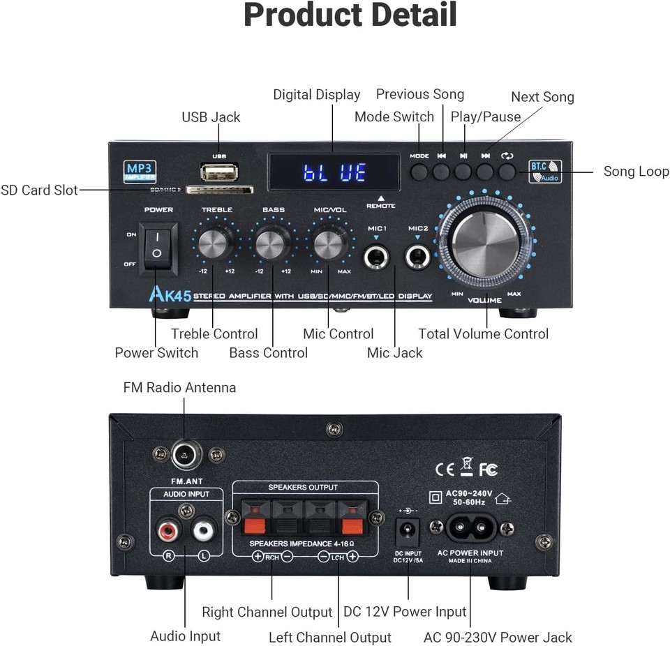 Stereo Receiver & Amplifier Home Audio Amp, AK45 Bluetooth Receiver for ...