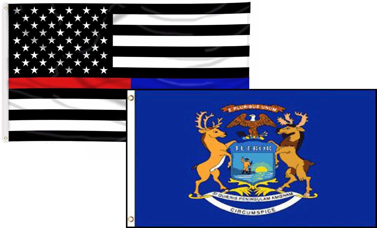 3x5 USA Thin Red Blue Line Michigan State 2 Flag Wholesale Set Combo 3 ...