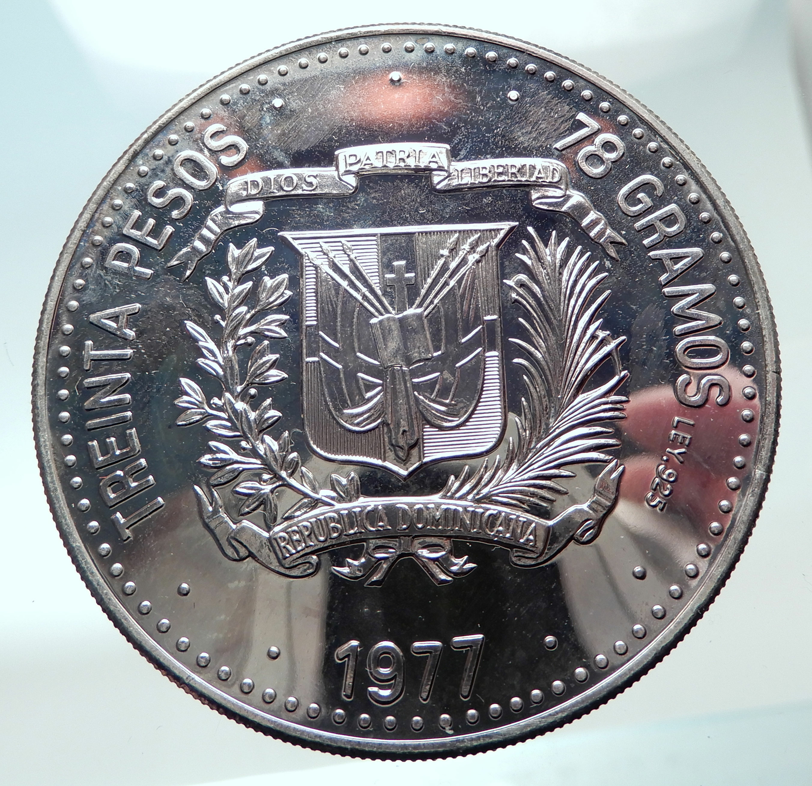 1977 DOMINICAN REPUBLIC 30th Central Bank Silver Proof 30 Pesos Coin ...
