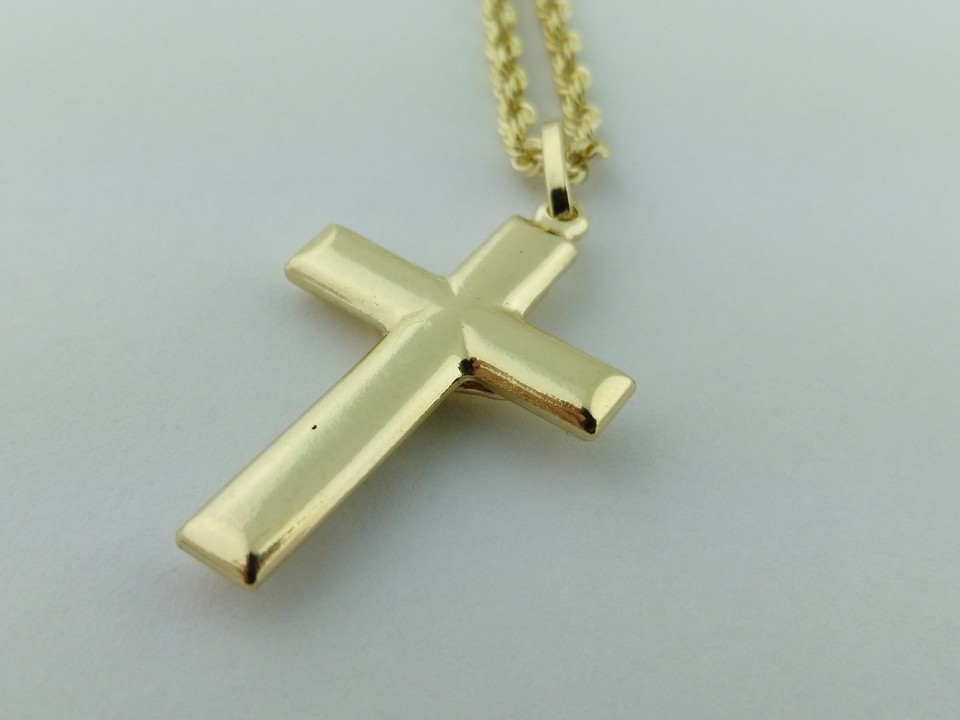 14K Solid Gold Italian Cross pendant with Rope Chain cadena Torzal Con ...