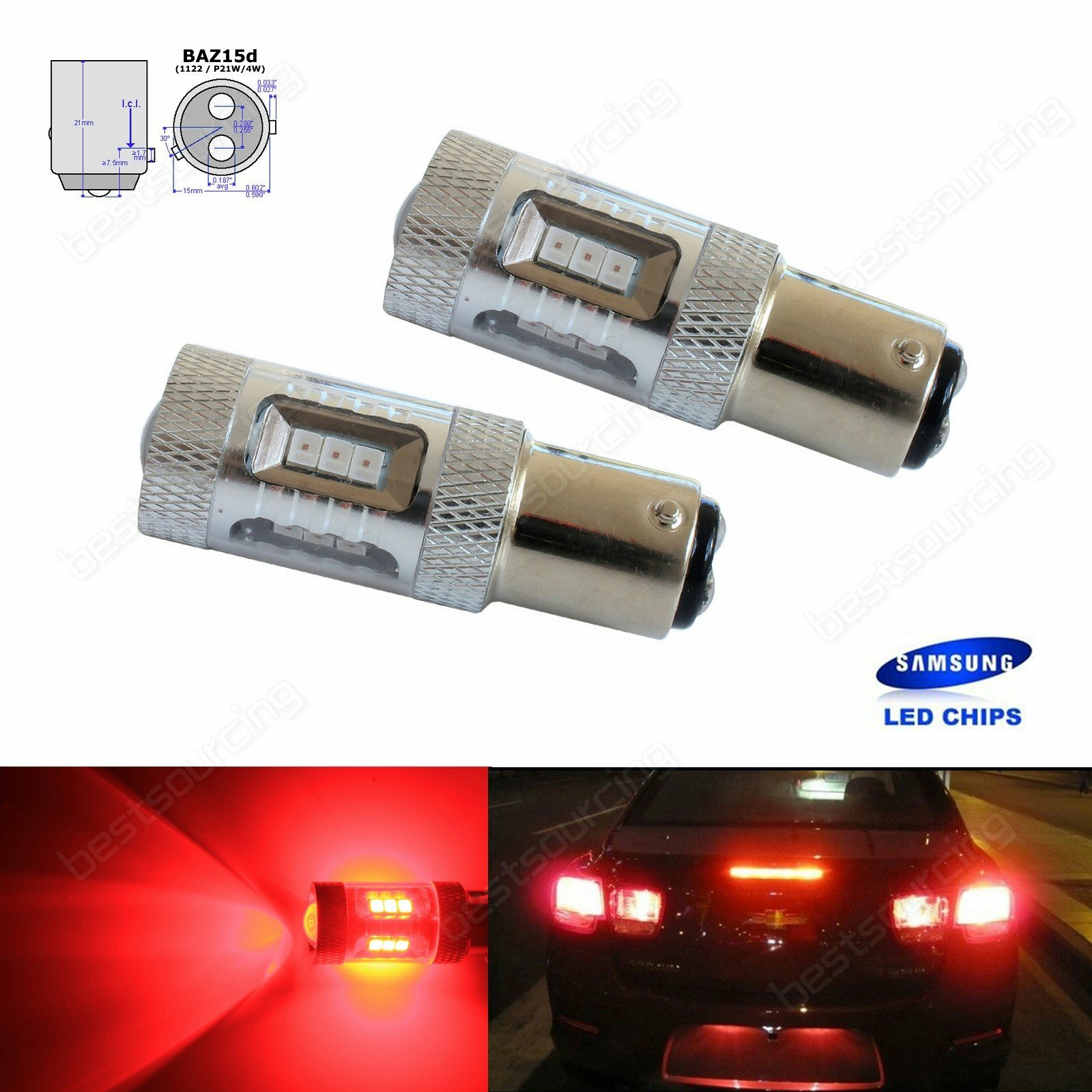 2x 566 P21/4W 1122 BAZ15d 15W LED Side Stop Tail Brake Light Bulbs Red ...