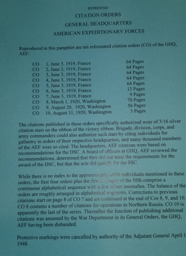 WW I Word War I US Army USMC SSC Silver Star Citation Medal AEF GO #s ...