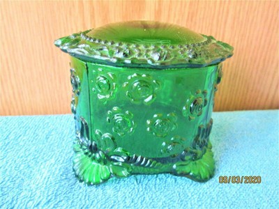 VINTAGE 70's WHEATON WARE GREEN GLASS ROSES FLOWERS TRINKET SUGAR DISH ...