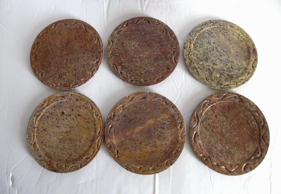 Hand Carved Stone Coaster Set - 6 Coasters W/Holder | eBay