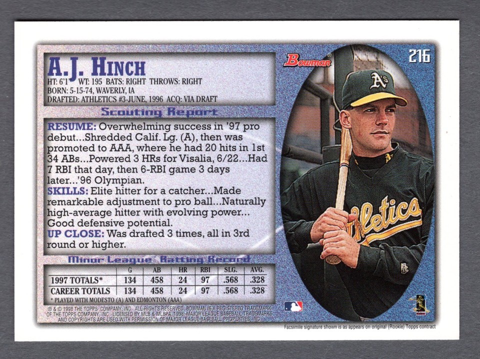 1998 BOWMAN A.J. HINCH CARD #216 **NM-MT** OAKLAND ATHLETICS | eBay