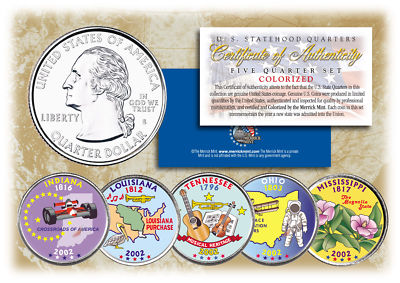2002 US Statehood Quarters COLORIZED Legal Tender 5-Coin Complete Set w ...