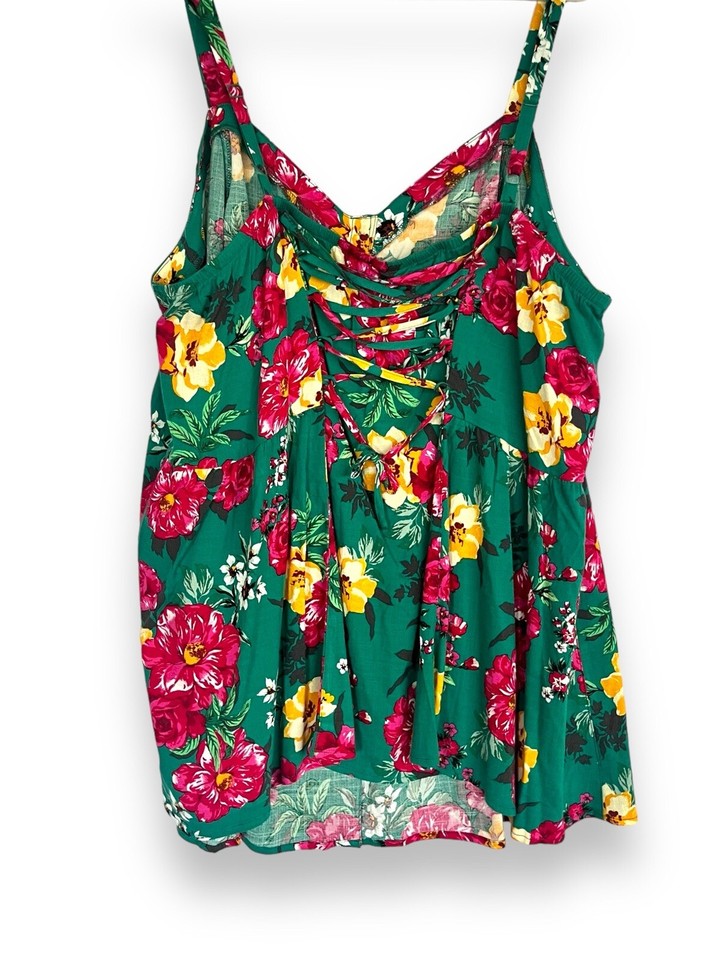 TORRID Green Floral Lace-up Back Fit & Flare Tank Top Tunic Top plus Sz ...