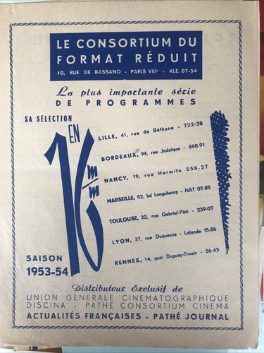 Cinéma Saison 1953 1954 Document LE CONSORTIUM | eBay