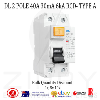 DL 2 Pole 40 AMP RCD, 30mA 6kA Type A (5 Year Warranty, SAA Approved ...