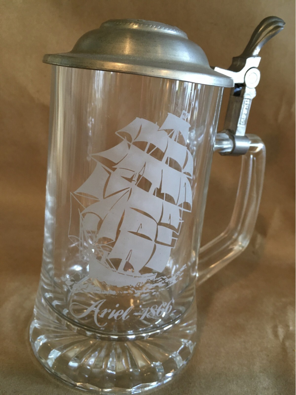 Vintage Old Spice Ariel-1866 Clipper Ship Etched Glass Stein Pewter Top ...