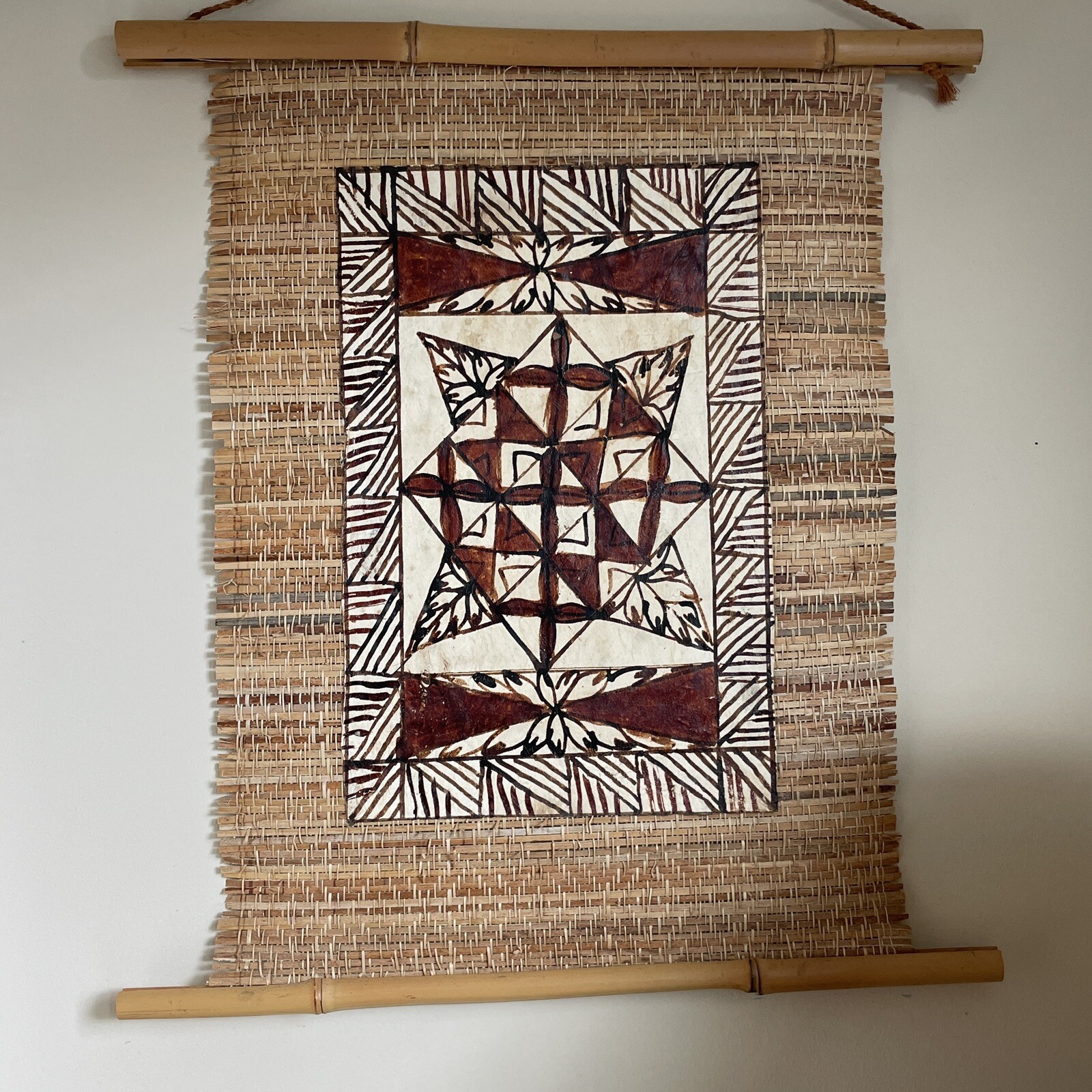 Vintage tapa cloth mounted on hand made weaved backing with bamboo ...
