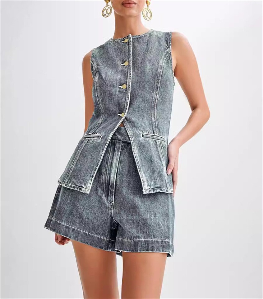 Women's Denim 2 Piece Set Sleeveless Jean Vest Tops and Shorts Outfit ...