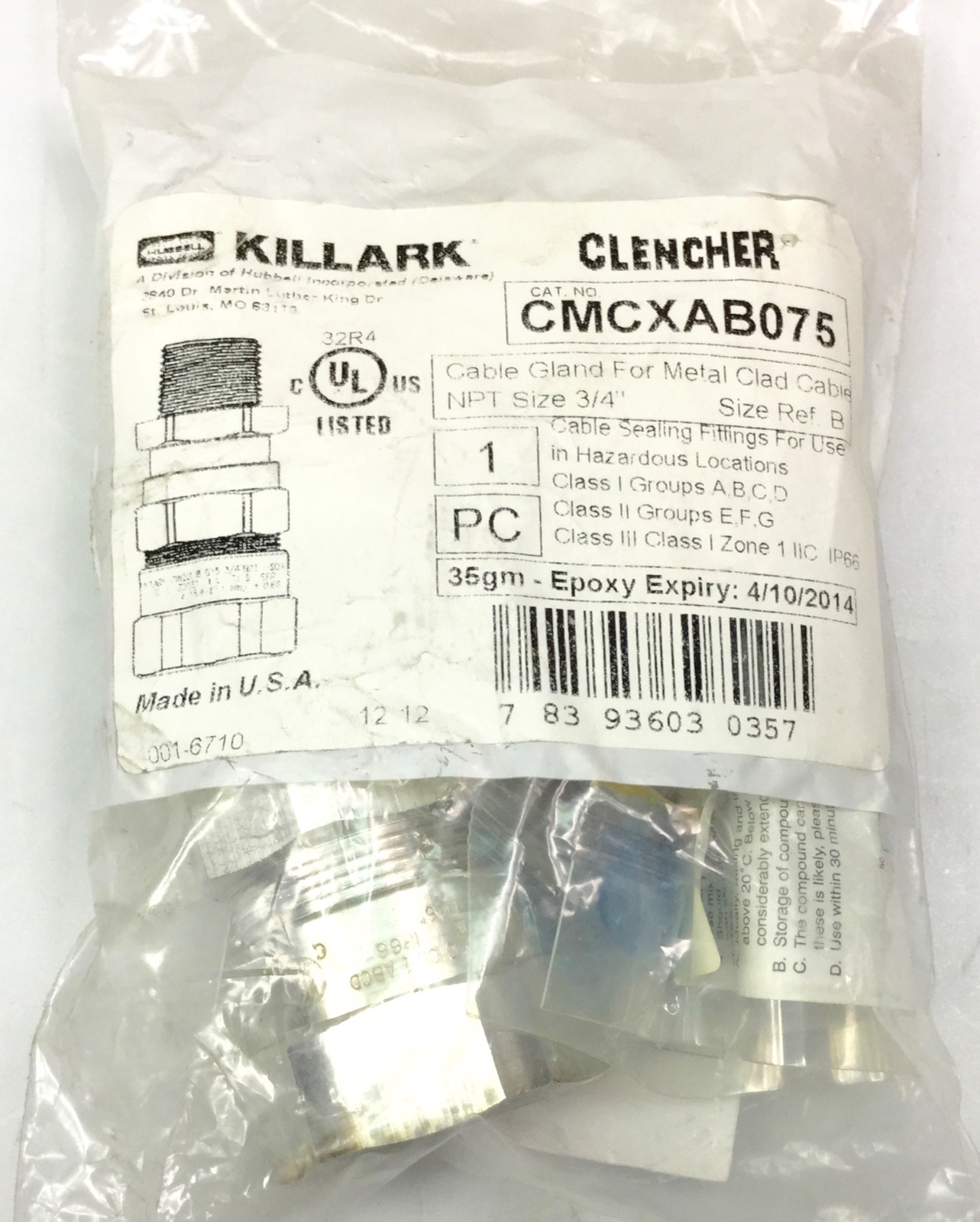 Killark CMCXAB075 Clencher 3/4" NPT MC Cable Gland Connector in Pkg for ...