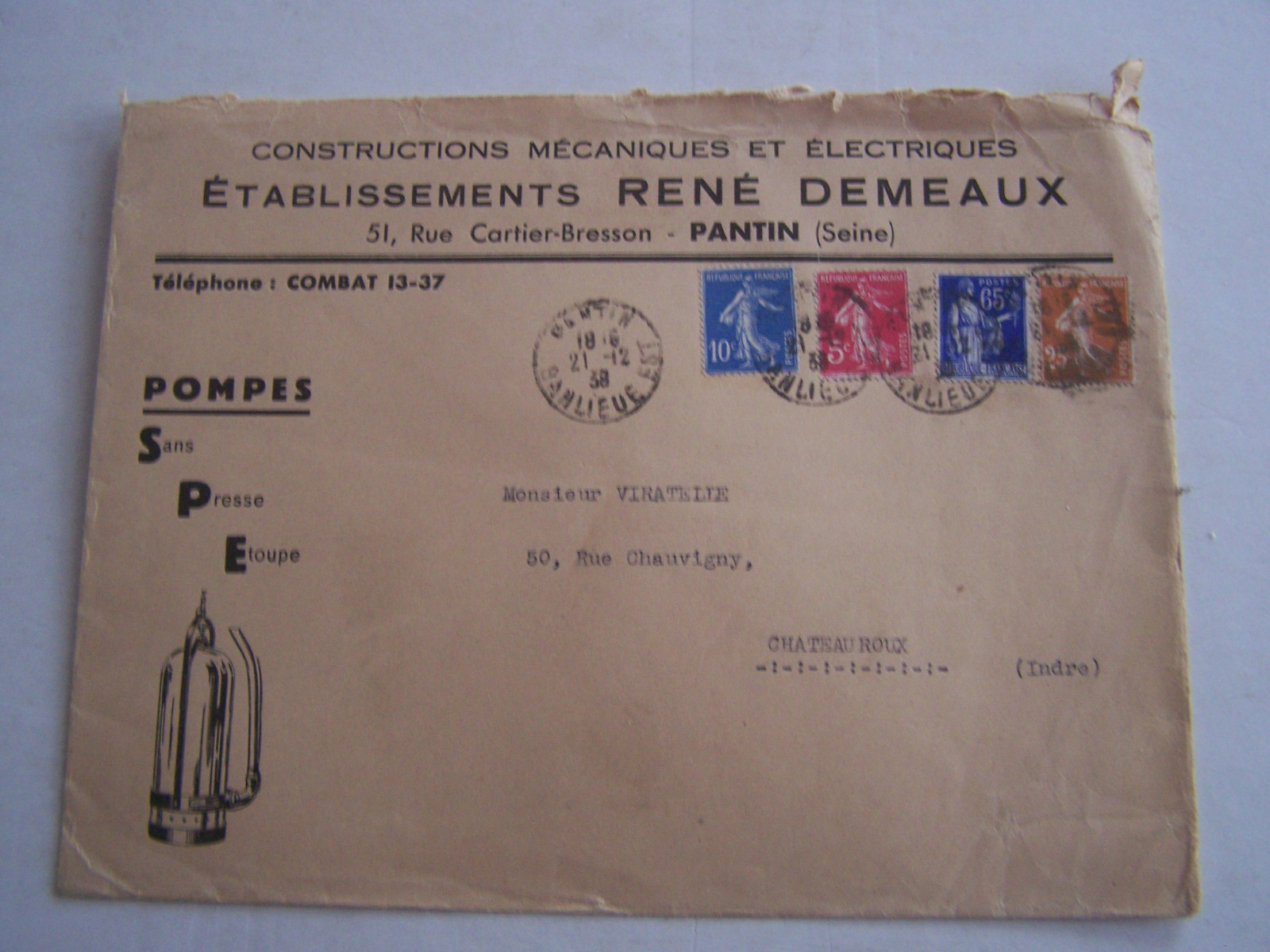 PUBLICITE , 2 ENVELOPPES POMPES MOUVEX ET ETS R . DEMEAUX CONSTRUCTIONS ...