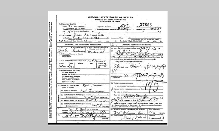 Tom Sawyer DEATH CERTIFICATE of INJUN JOE, Mark Twain Character Joe ...