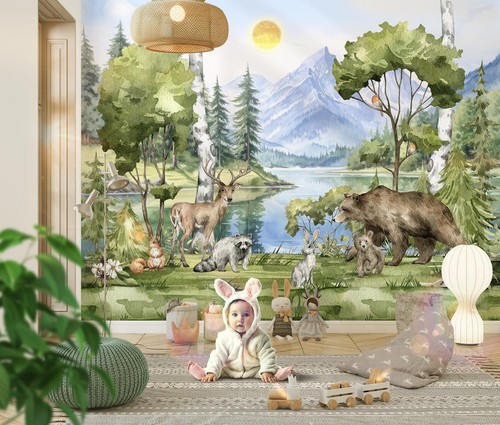 Nursery Wall Mural Painted Forest With Animals. Wallpaper Decal. Peel n ...