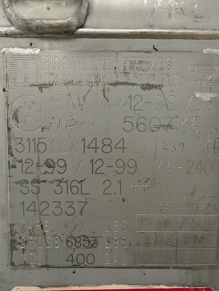 Hoover IBC LiquiTote 400 Gallon Single Wall Food Grade Stainless (SS ...