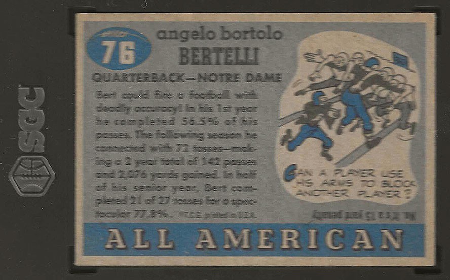 1955 Topps All American #76 ANGELO BERTELLI Notre Dame Heisman Trophy ...