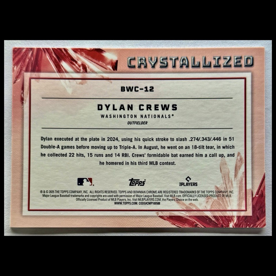 2025 TOPPS BOWMAN CHROME DYLAN CREWS ROOKIE SSP CASE HIT CRYSTALLIZED ...