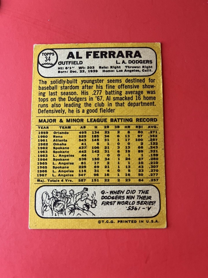 1968 Topps - #34 Al Ferrara EX | eBay
