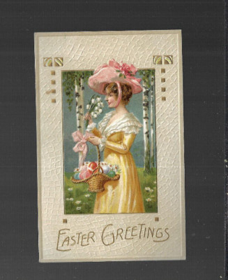EASTER VINTAGE POSTCARD color emb 1900s EASTER GREETINGS LADY w BASKET ...