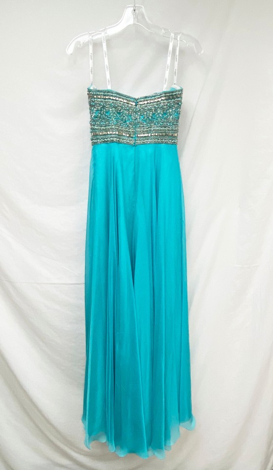 Women's Mon Cheri Paris Turquoise Flowy Chiffon Dress Beaded Prom Gown ...
