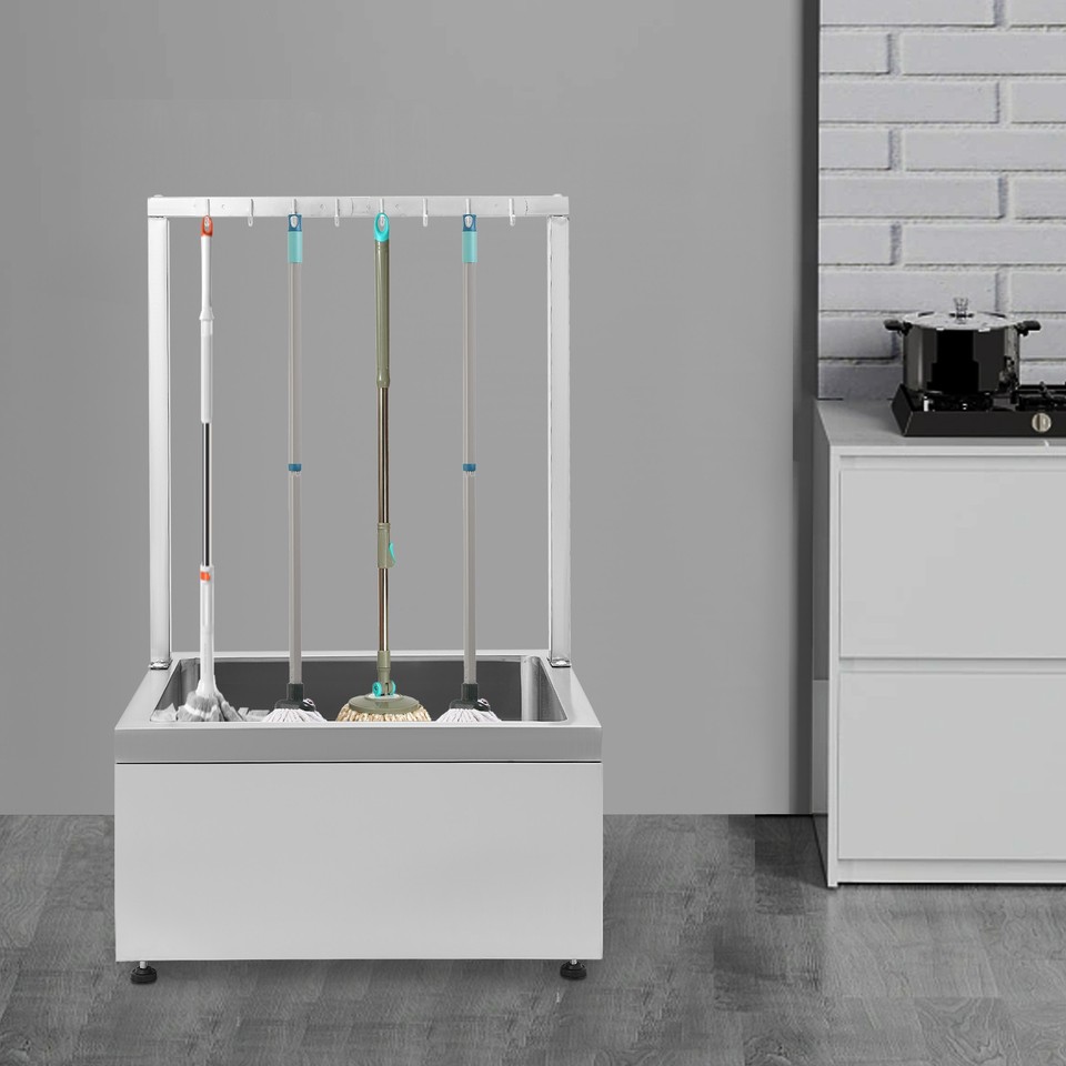 Stainless Steel Mop Sink Cleaning Rack with 8 Hooks Rack Adjustable ...