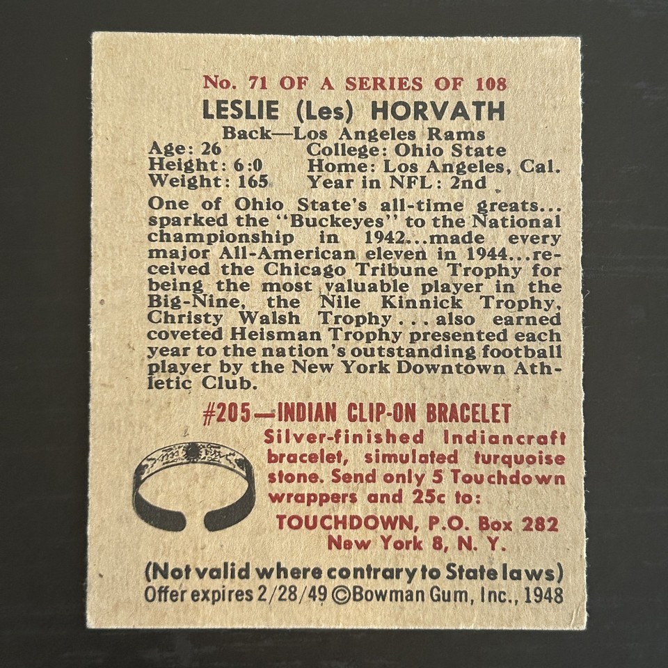 1948 Bowman #71 Les Horvath RC Los Angeles Rams EX Heisman Winner | eBay
