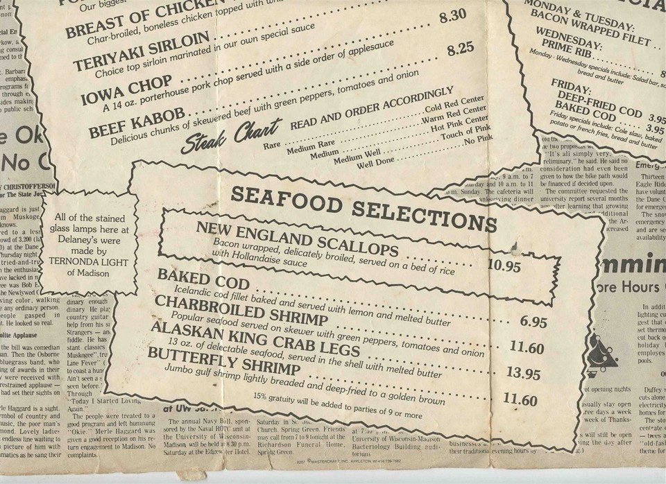 Delaney's Menu Grand Canyon Drive Madison Wisconsin 1973 Wisconsin ...
