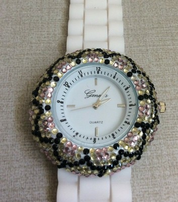 GENEVA Crystal Watch Round White Dial on White Silicone/Rubber Band New ...