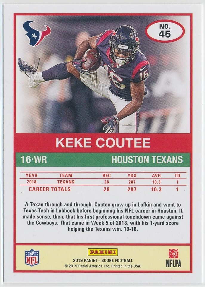 Keke Coutee - Houston Texans - 2019 Panini Score Football - Base - #45 ...