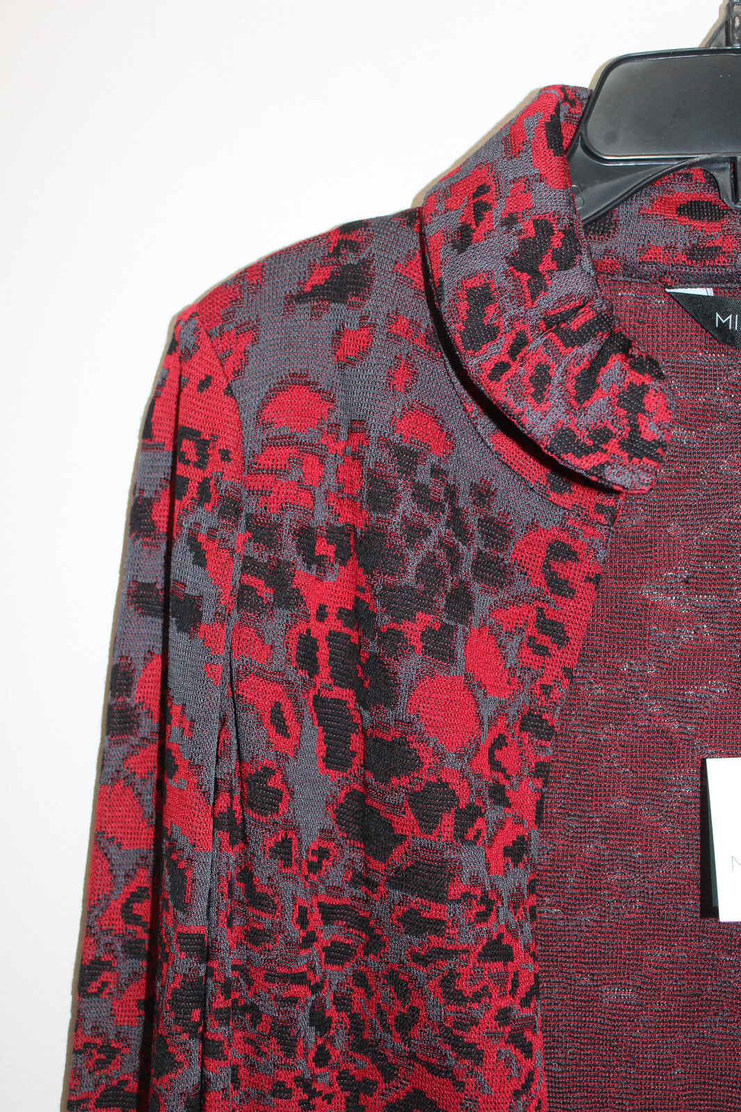 MING WANG LIGHT KNIT JACKET SOFT COLLAR ABSTRACT SPOTTED BLACK GRAY RED ...