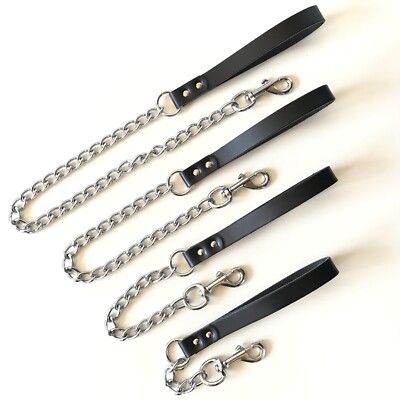 4 Lengths Silver Chain Dog Lead Heavy Duty with Real Leather Handle ...