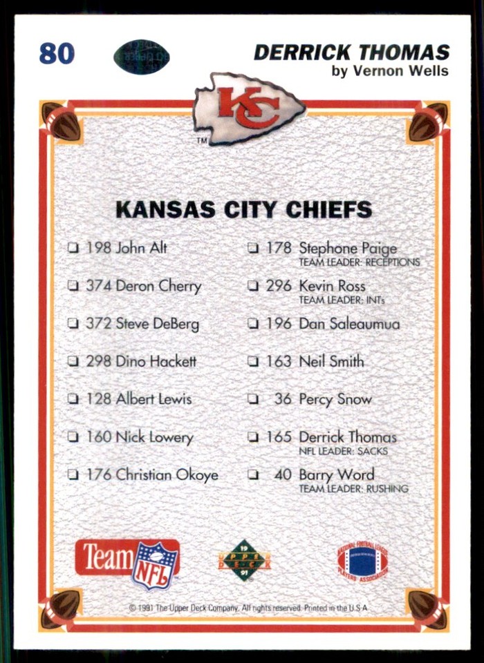 1991 Upper Deck Derrick Thomas Kansas City Chiefs #80 | eBay