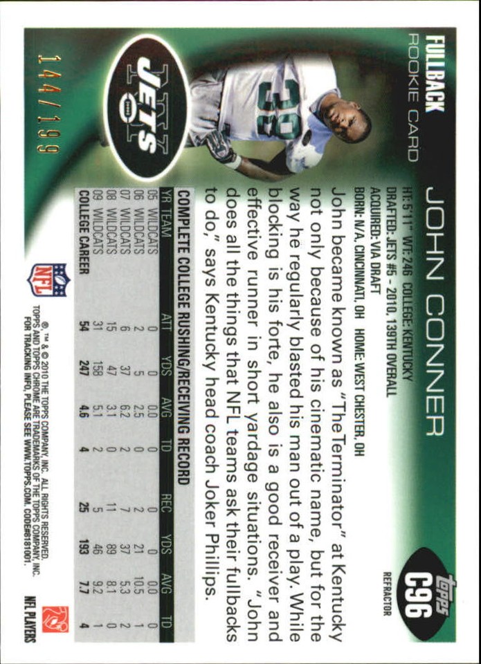 2010 Topps Chrome Blue Refractors Jets Football Card #C96 John Conner ...