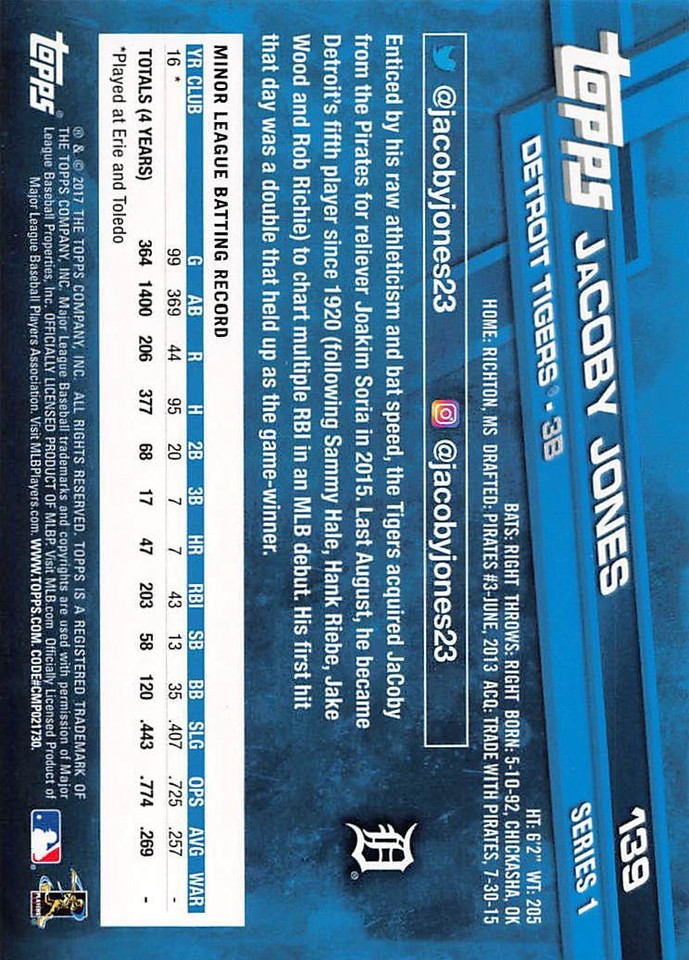 JaCoby Jones 2017 Topps 139 Detroit Tigers Baseball Card | eBay